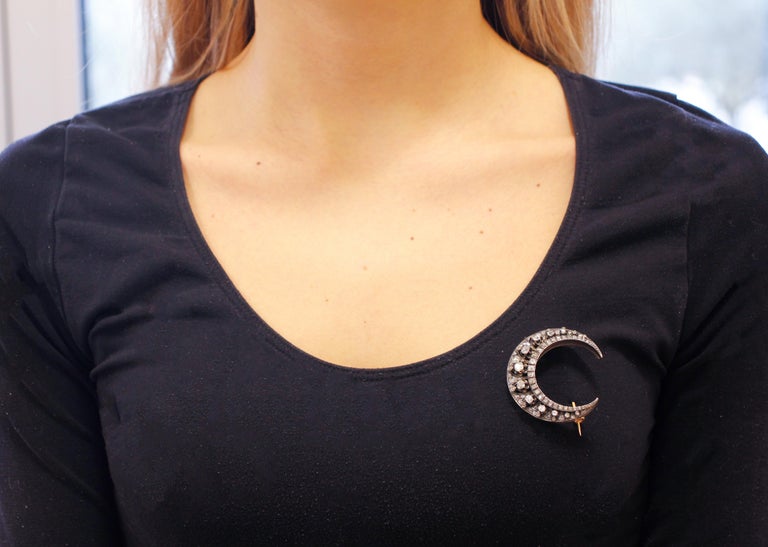 Diamonds, 19th Century 18 Karat and Silver Moon Shaped Brooch For Sale ...