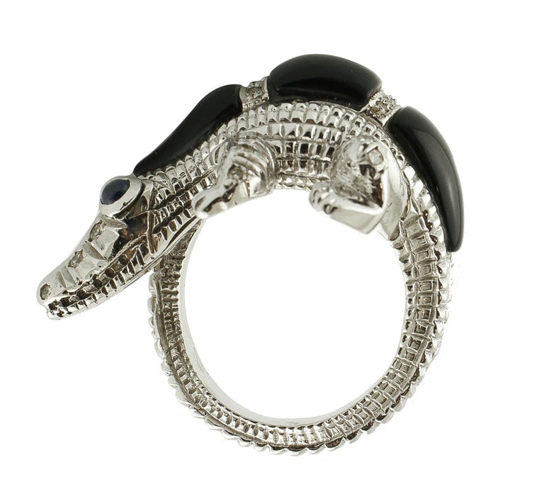 Diamonds, Blue Sapphires, Onyx, White Gold, Lizard Animal Shape Fashion ...