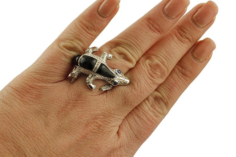 Diamonds, Blue Sapphires, Onyx, White Gold, Lizard Animal Shape Fashion ...