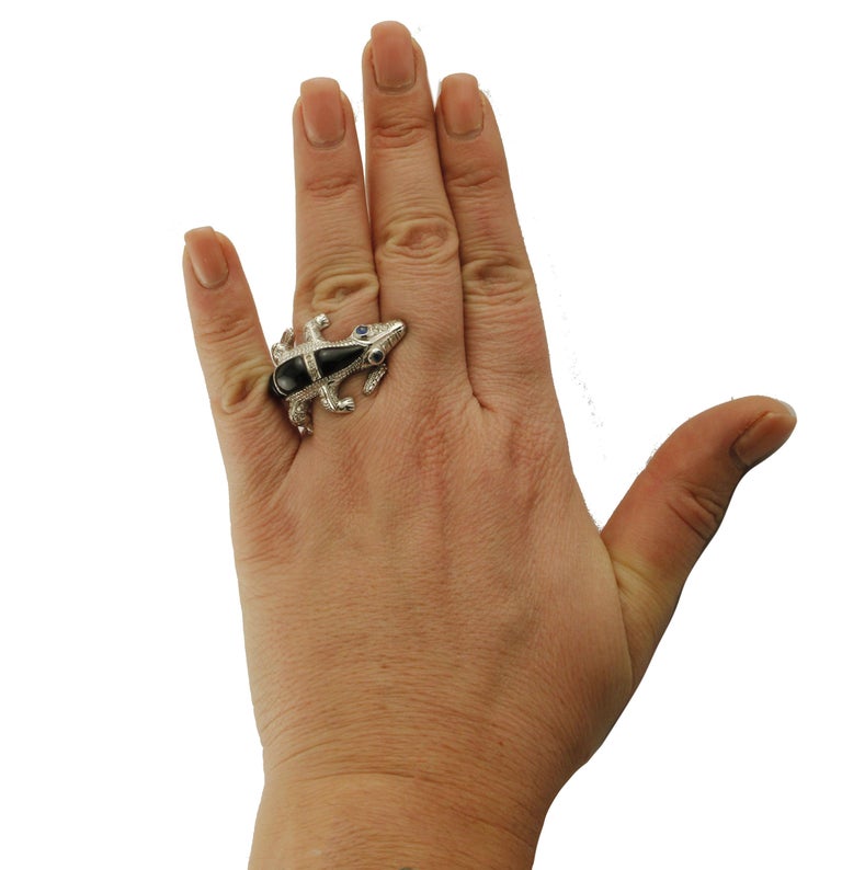 Diamonds, Blue Sapphires, Onyx, White Gold, Lizard Animal Shape Fashion ...