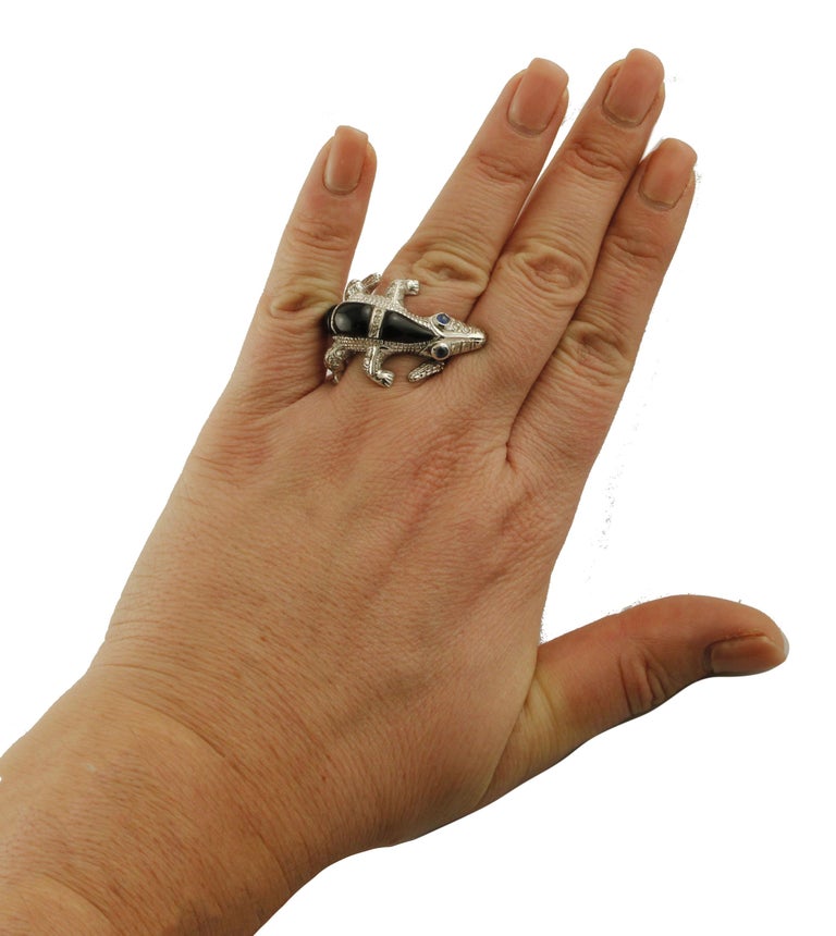 Diamonds, Blue Sapphires, Onyx, White Gold, Lizard Animal Shape Fashion ...