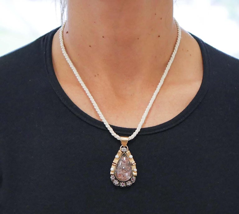 Diamonds,Rubies,Musk Quartz,Pearls,Rose Gold and Silver Pendant ...