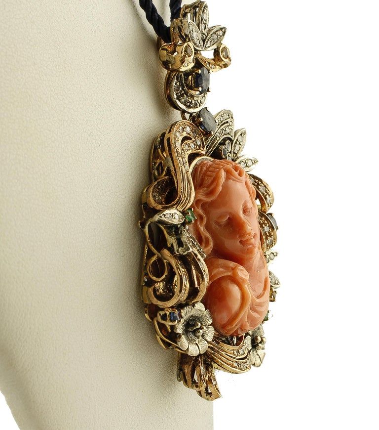 Engraved Orange Coral,Diamonds,Sapphires,Emeralds,Ruby, Gold and Silver ...