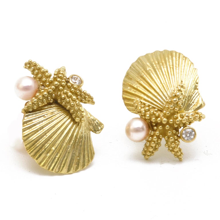 Diana Kim England Gold Scallop Shell, Sea Star, Akoya Pearl and Diamond ...