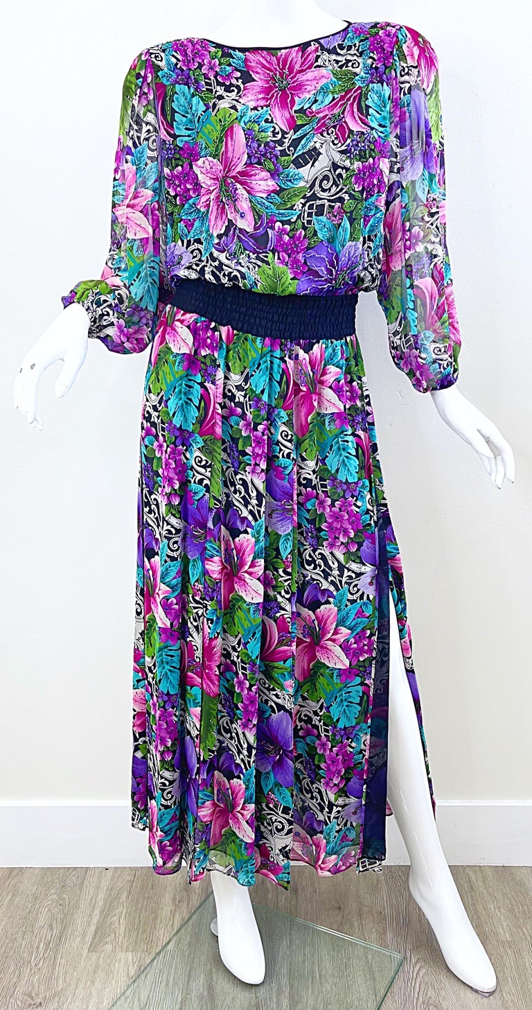 Diane Freis 1980s Silk Chiffon Beaded Tropical Print Vintage 80s Maxi ...