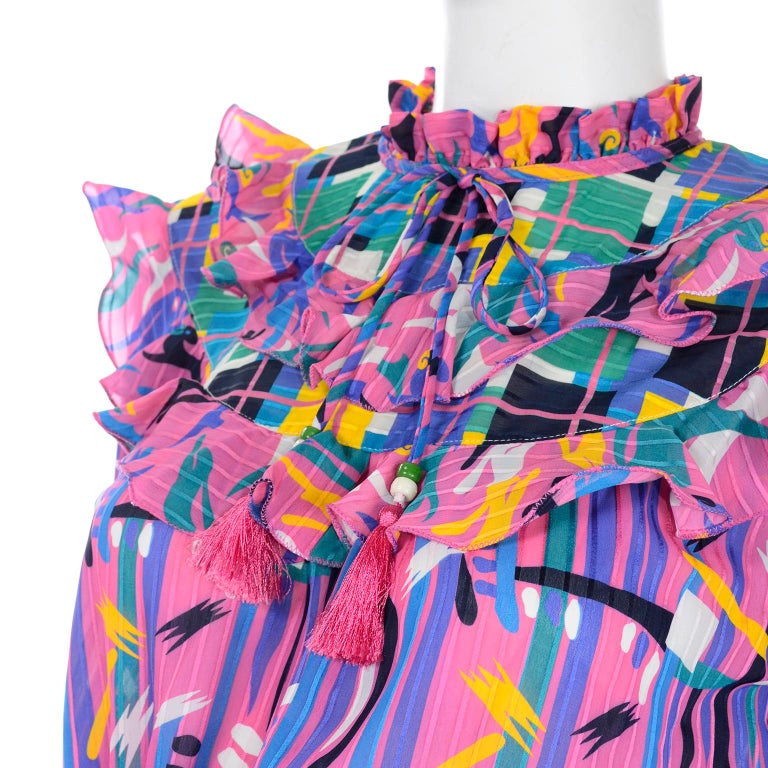 Diane Freis Pink Purple Abstract Print Georgette Colorful Ruffled Dress ...