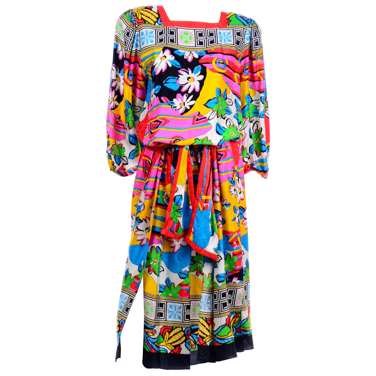 Diane Freis Vintage Silk 1980s Dress in a Colorful Bold Print With Belt ...