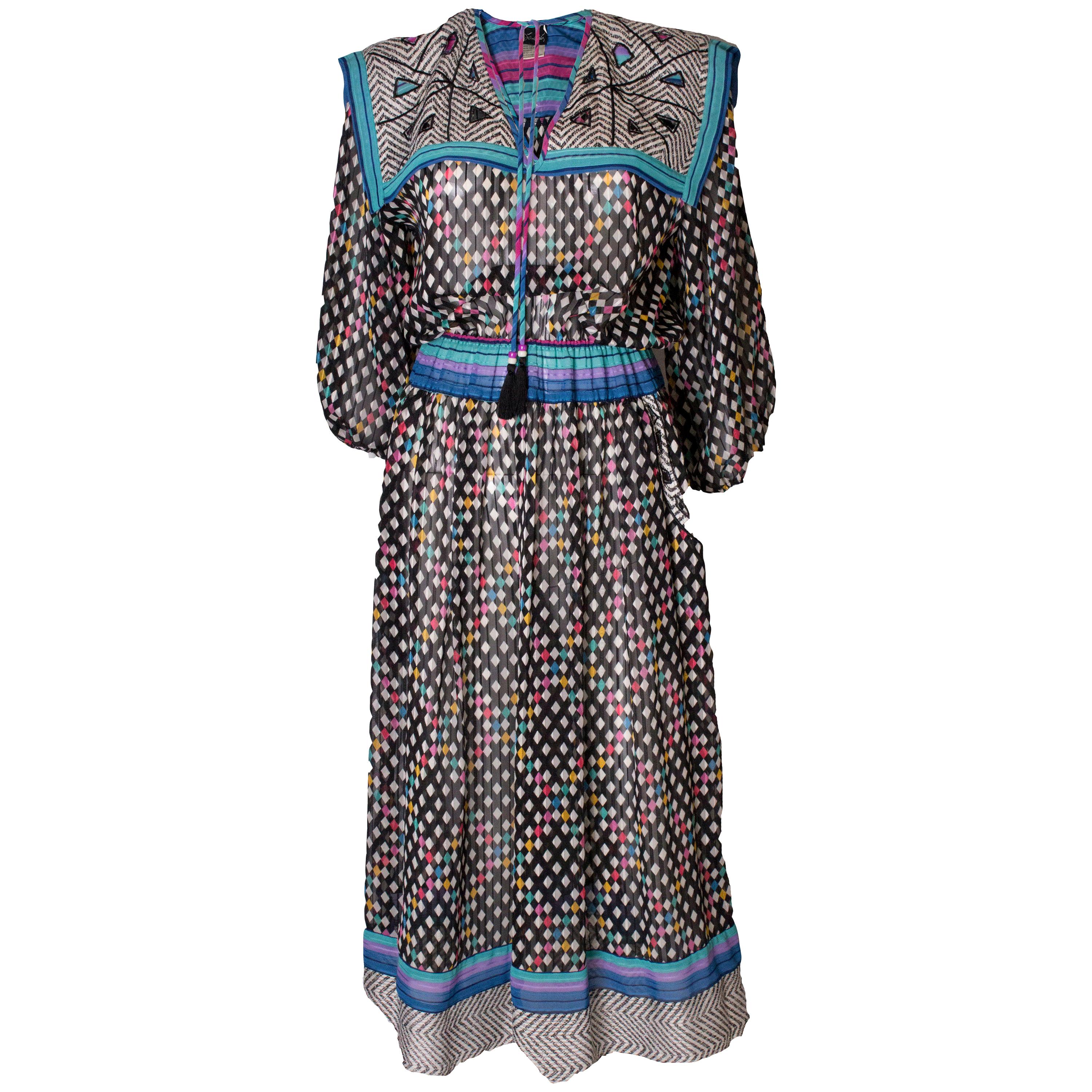 1980s Diane Freis Turquoise Purple Red Pink and Green Floral Print ...