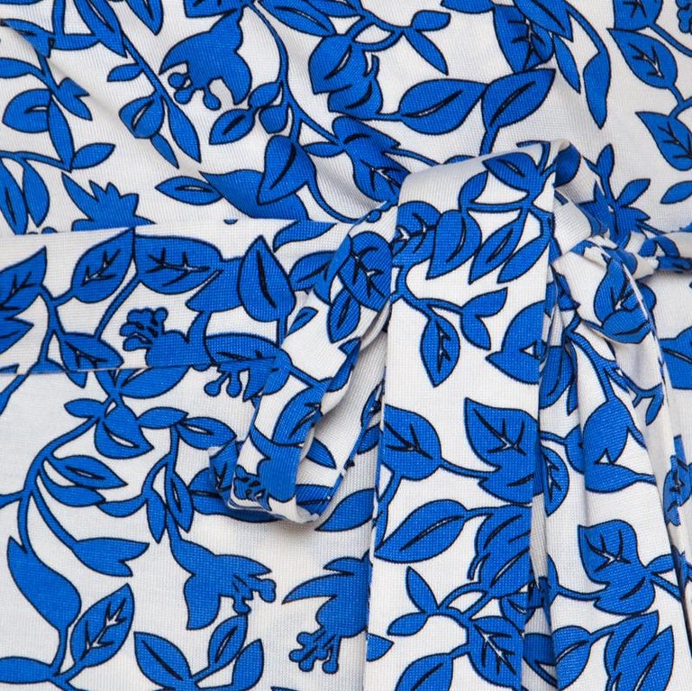Diane von Furstenberg Blue Floral Print Silk Jersey Wrap Dress M For ...