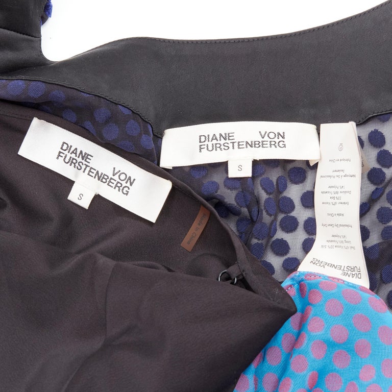 DIANE VON FURSTENBERG red blue velvet polka dot robe black slip mini ...