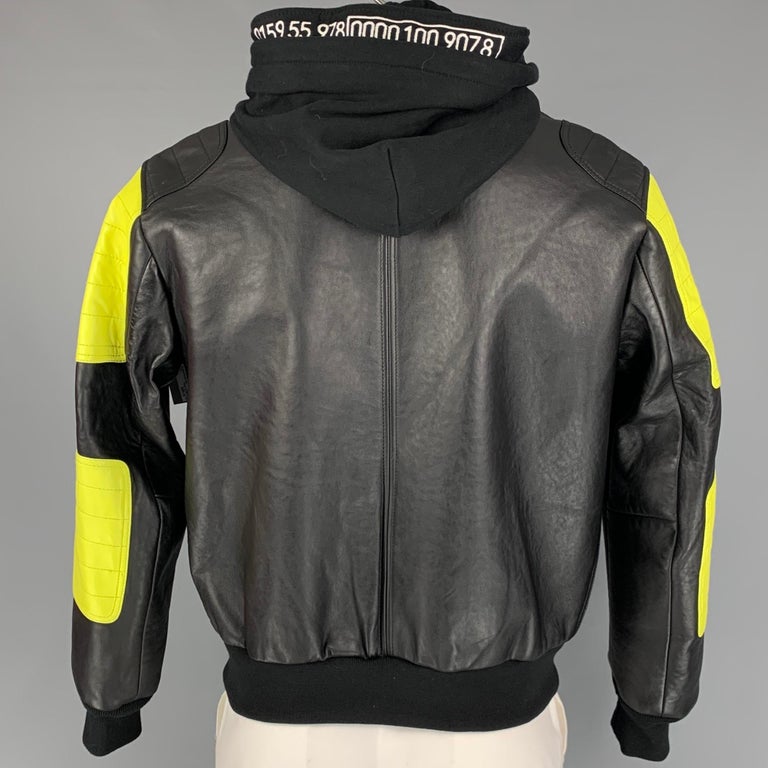 DIESEL Size L Black Yellow Color Block Leather Zip Up Brando Jacket For ...