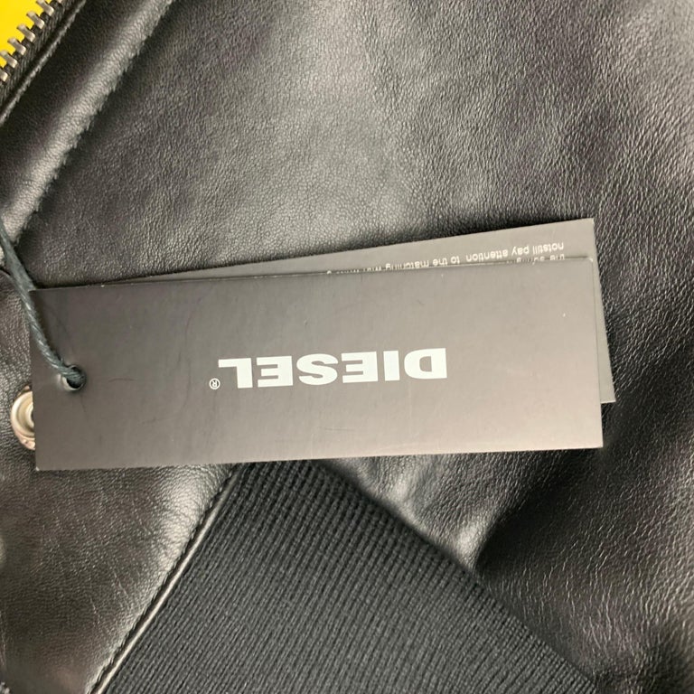 DIESEL Size L Black Yellow Color Block Leather Zip Up Brando Jacket For ...