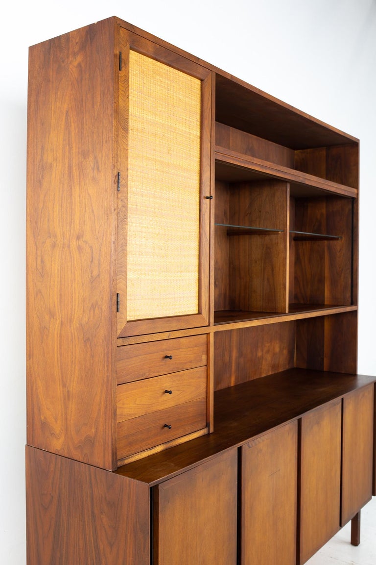 Dillingham Mid Century Walnut and Cane Sideboard Credenza Buffet and ...