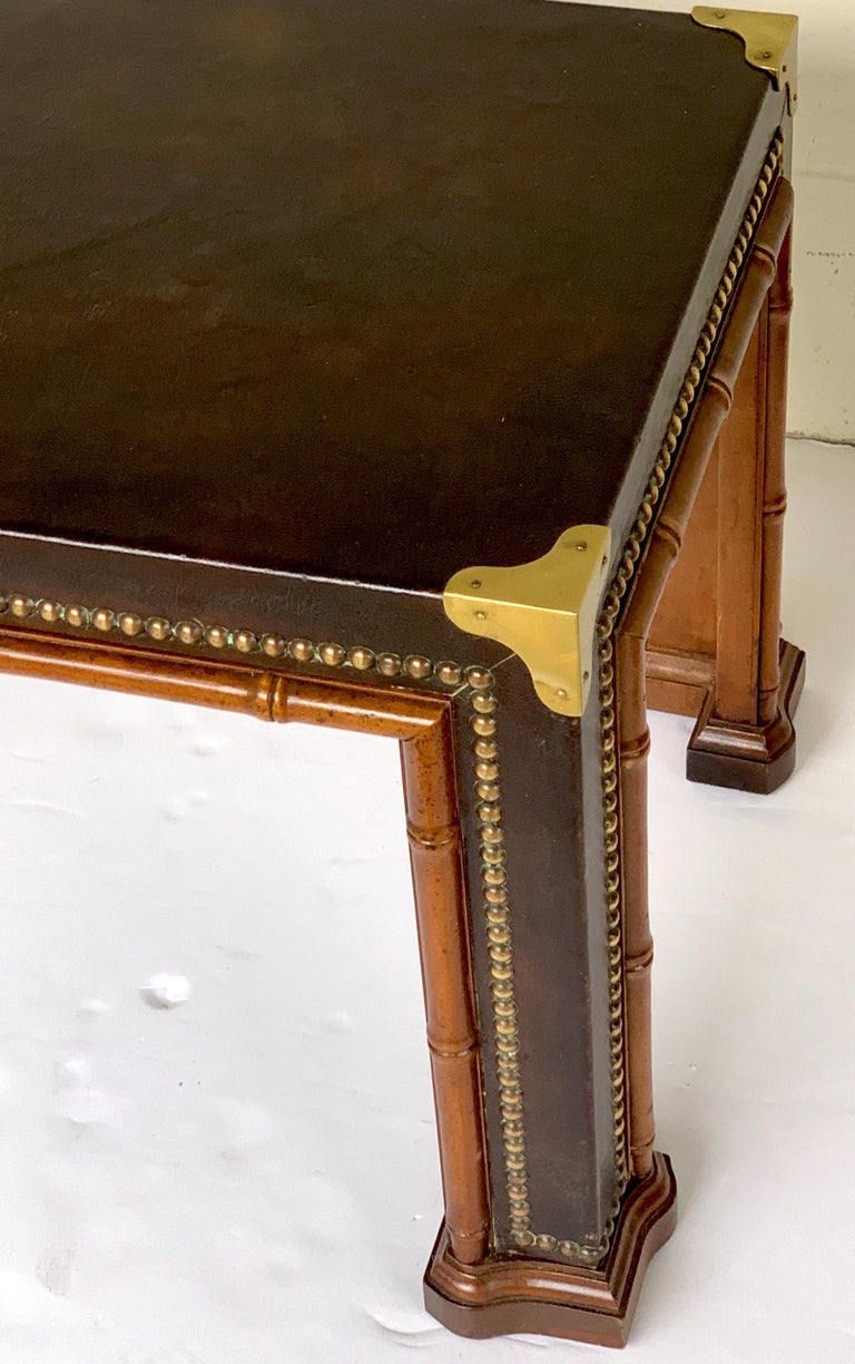 Diminutive Faux Bamboo Brass Studded and Leather Coffee Table For Sale ...