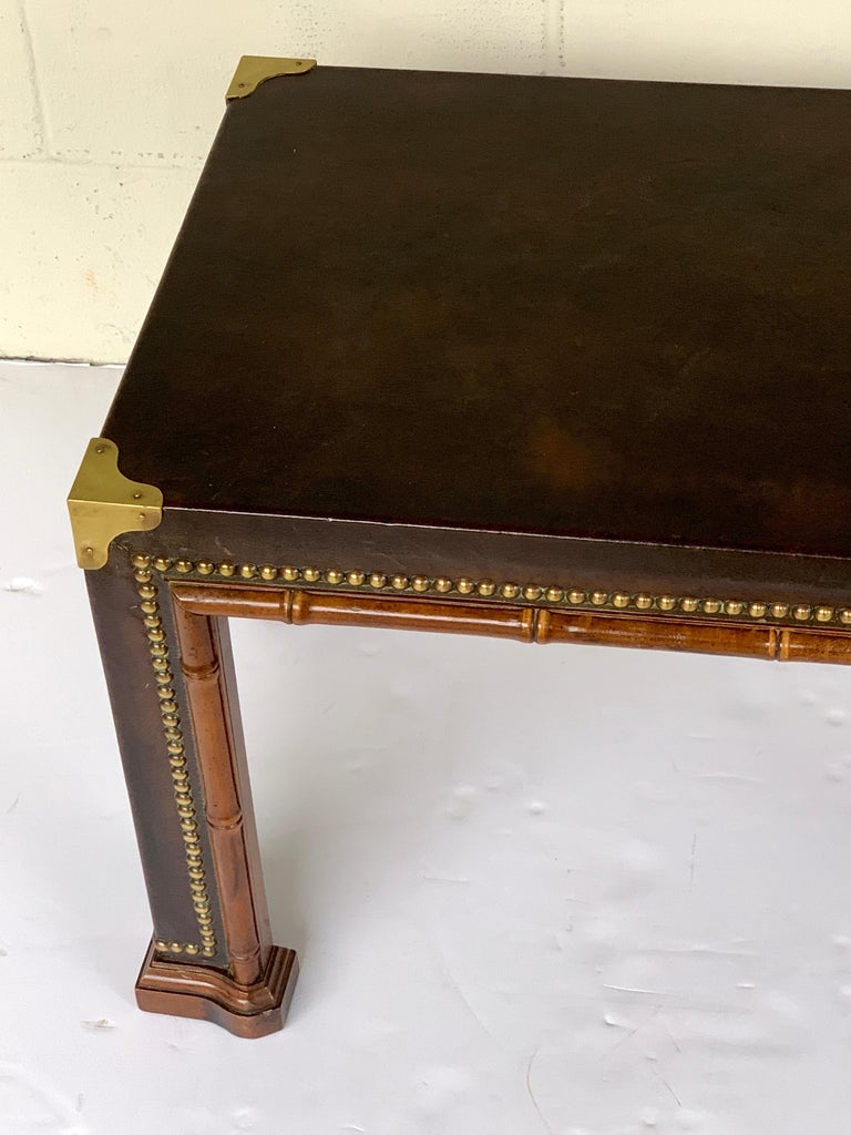 Diminutive Faux Bamboo Brass Studded and Leather Coffee Table For Sale ...