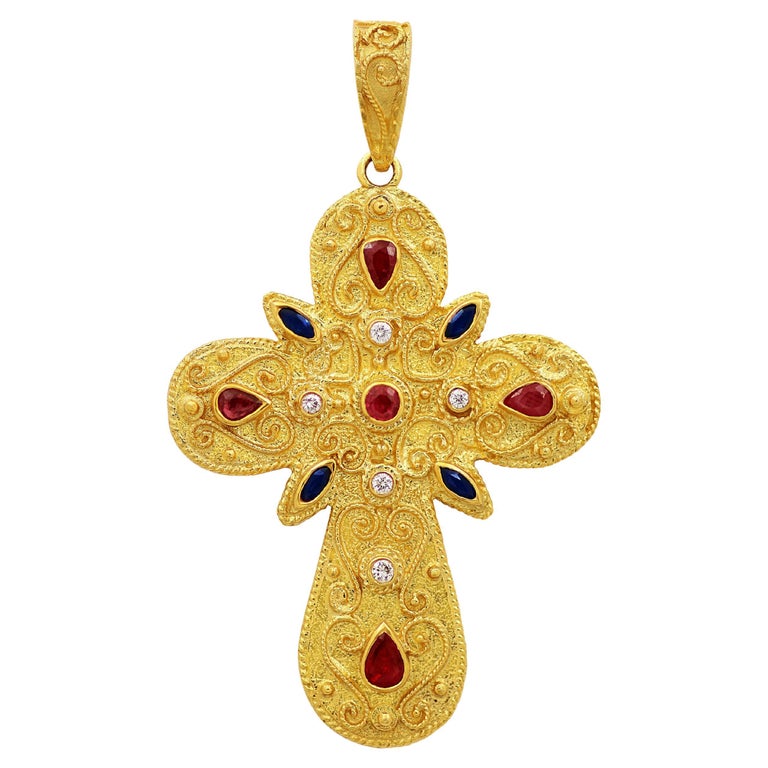 Dimos 18k Gold Byzantine Multicolor Cross For Sale at 1stDibs