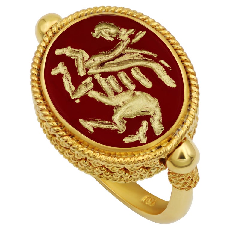 Dimos 18k Gold Carved Cornelian Pegasus Reversible Ring at 1stDibs