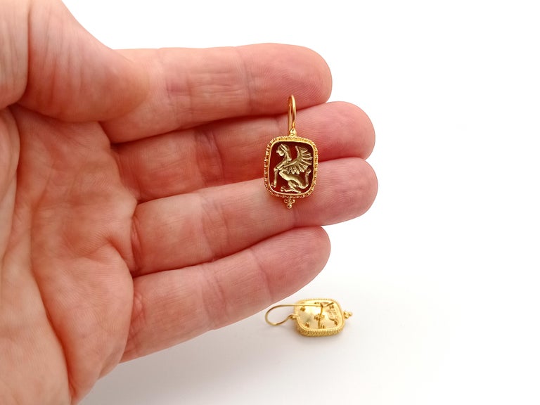 Dimos 18k Gold Carved Cornelian Sphinx Earrings For Sale at 1stDibs