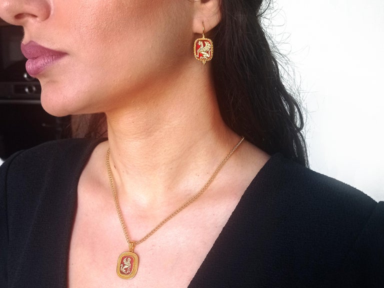 Dimos 18k Gold Carved Cornelian Sphinx Earrings For Sale at 1stDibs