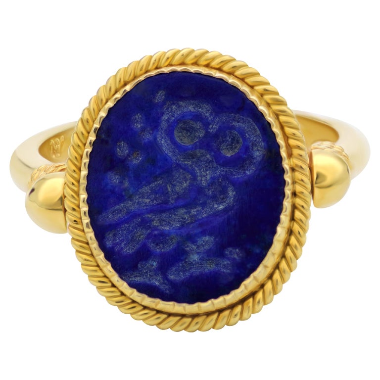 Dimos 18k Gold Carved Lapis Lazuli Owl Reversible Ring For Sale at 1stDibs