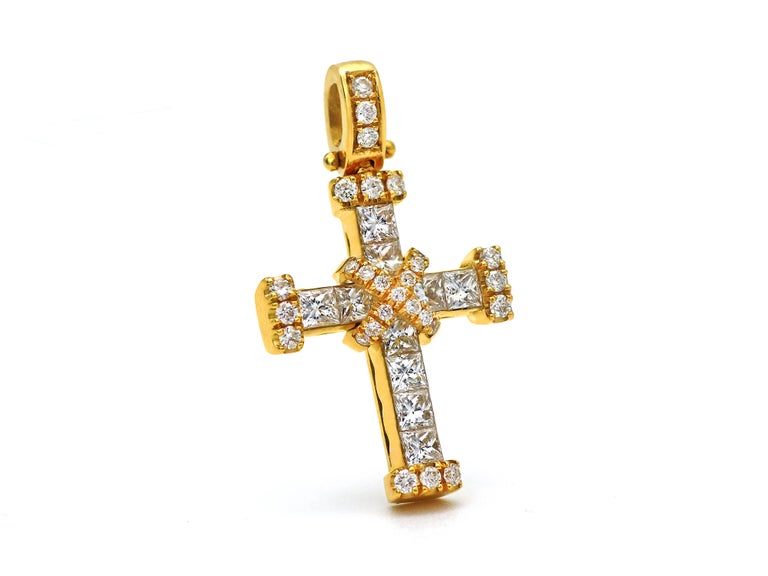 Dimos 18k Gold Cross with Princess Cut Diamonds For Sale at 1stDibs