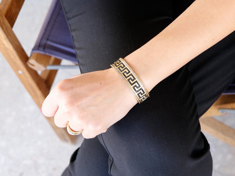 Dimos 18k Gold Greek Key Cuff with Black Diamonds For Sale at 1stDibs
