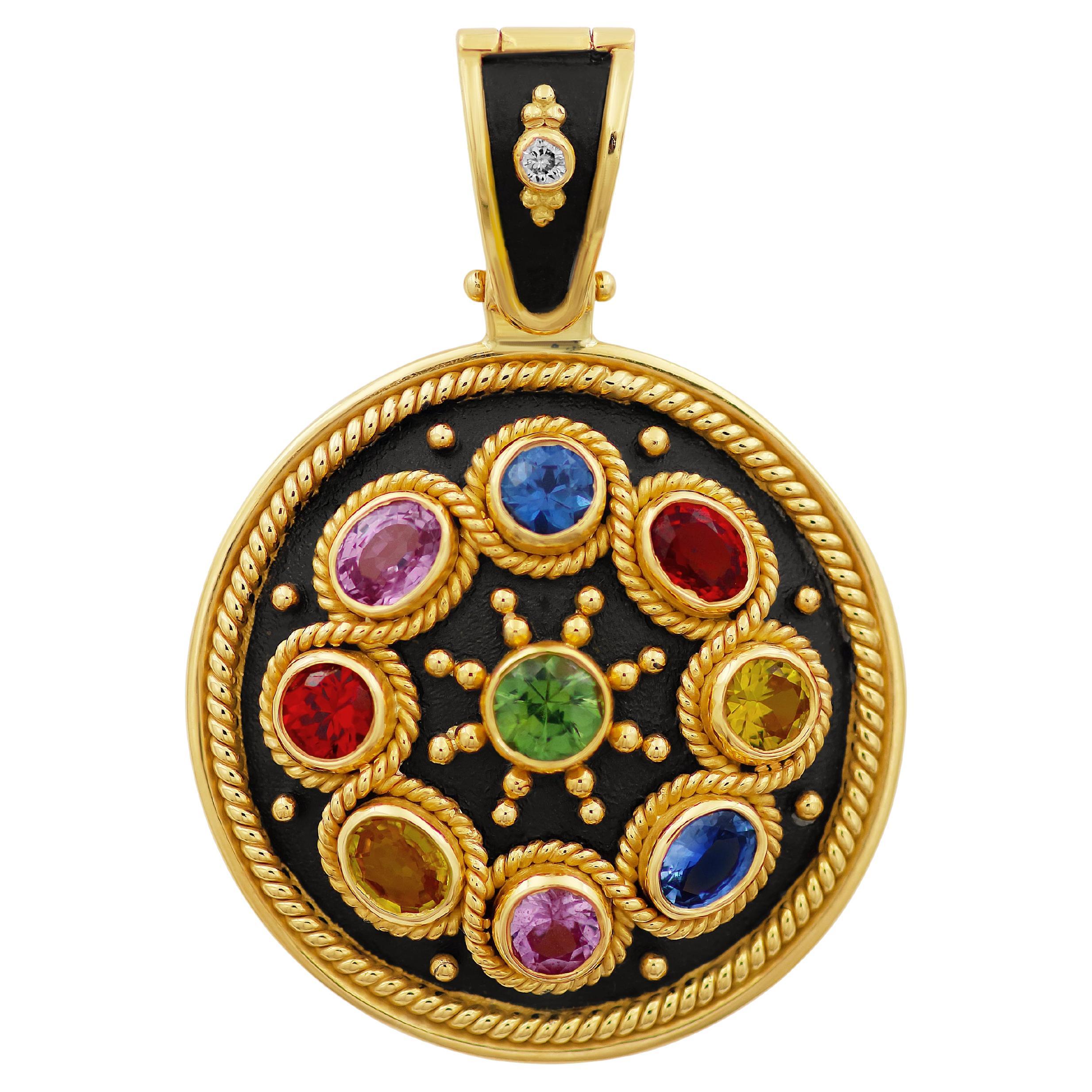 Dimos 18k Gold Byzantine Inspired Pendant with Sapphire For Sale at 1stDibs