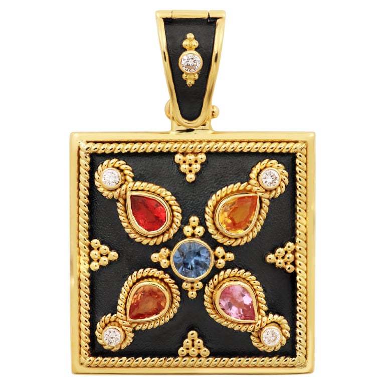 Dimos 18k Gold Noir Square Colorful Sapphires Pendant For Sale at 1stDibs