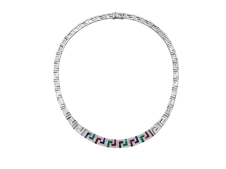 Dimos 18k White Gold Greek Key Cocktail Necklace For Sale at 1stDibs