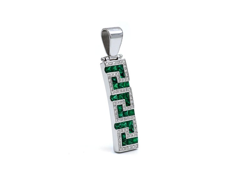 Dimos 18k White Gold Greek Key Pendant with Emeralds For Sale at 1stDibs