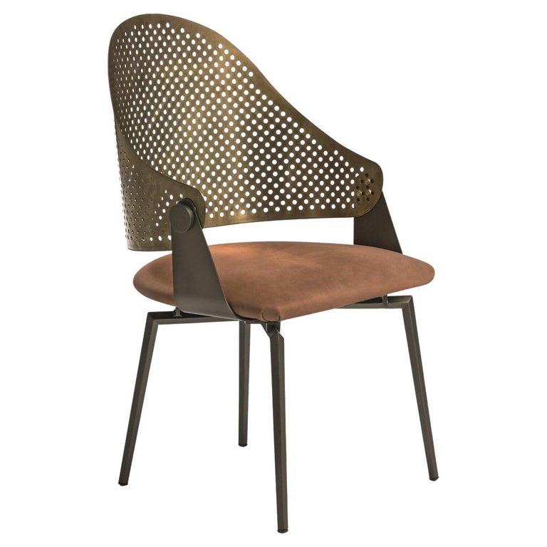 Dining Chair With Back In Perforated Burnished Brass For Sale at 1stDibs