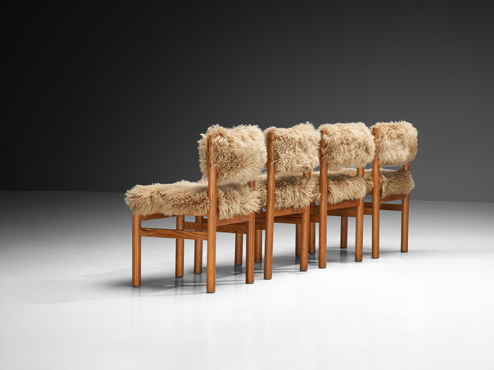 Dining Chairs in Pine and Sheepskin For Sale at 1stDibs