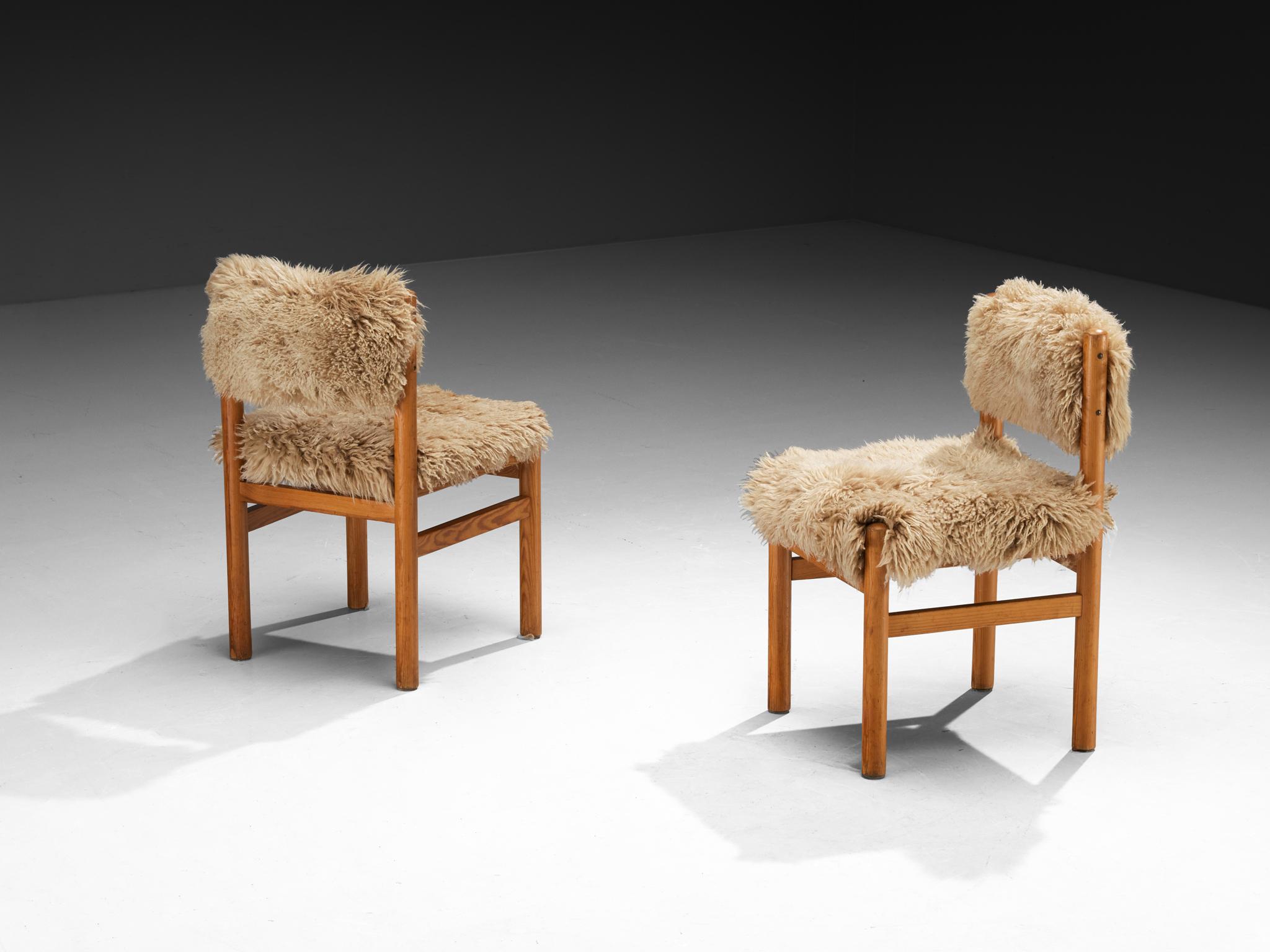 Dining Chairs in Pine and Sheepskin For Sale at 1stDibs