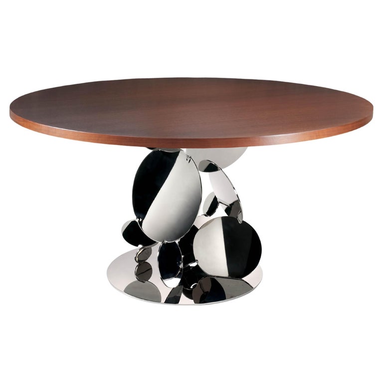 Dining Table Chrome Disc Mirror Steel Base Walnut Wood Collectible Made ...