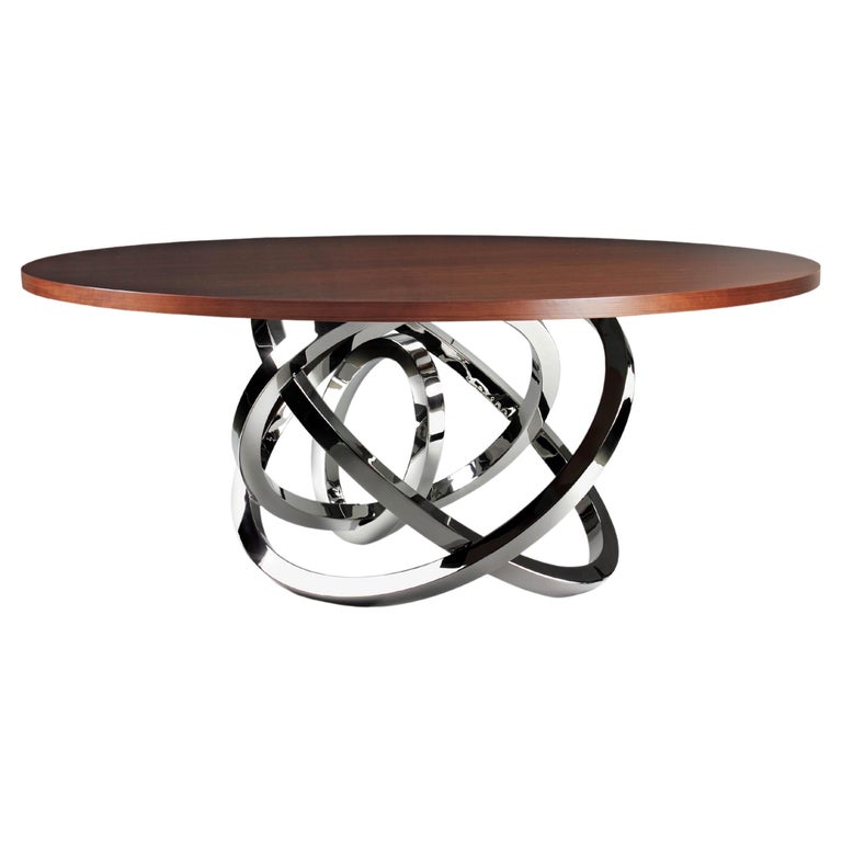 Dining Table Circular Mirror Steel Base Walnut Wood Collectible ...