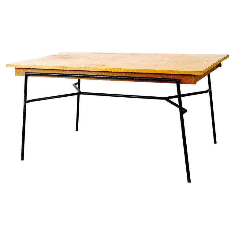 Dining Table in Oak Veneer, Blackened Tubular Metal Base, circa 1950 ...