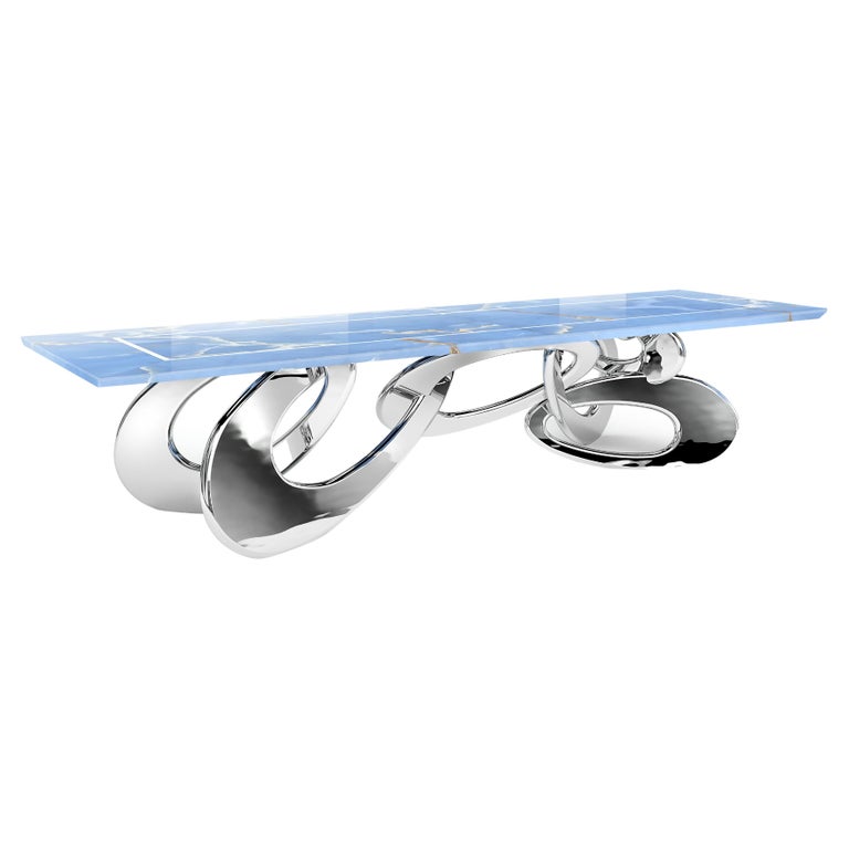 Dining Table Rings Mirror Steel Base Sculpture Top Blue Onyx Marble ...