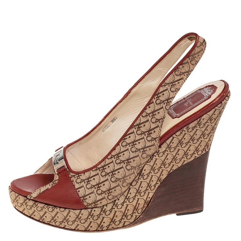 Dior Beige/Brown Monogram Canvas And Leather Wedge Sandals Size 41 at ...