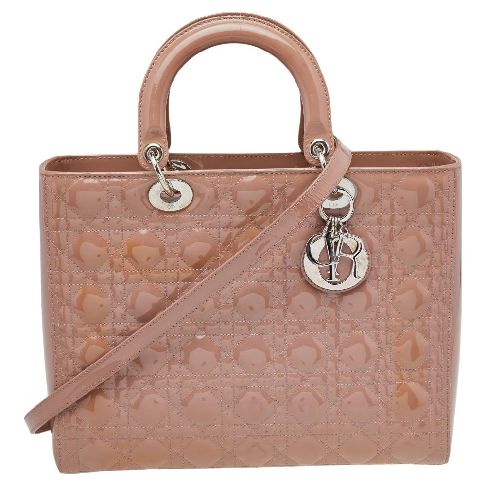 Dior Cream Cannage Patent Leather Medium Lady Dior Tote at 1stDibs