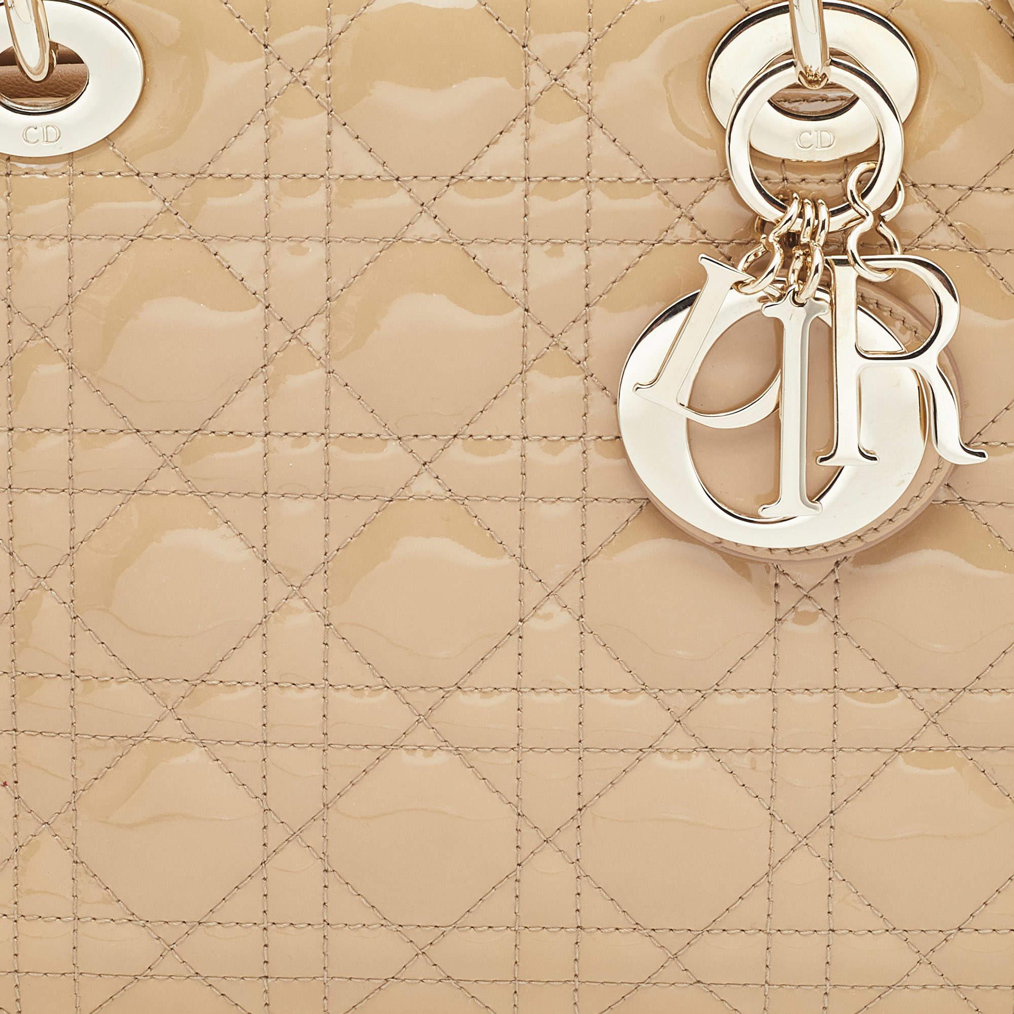 Dior Beige Cannage Patent Leather Medium Lady Dior Tote For Sale at 1stDibs