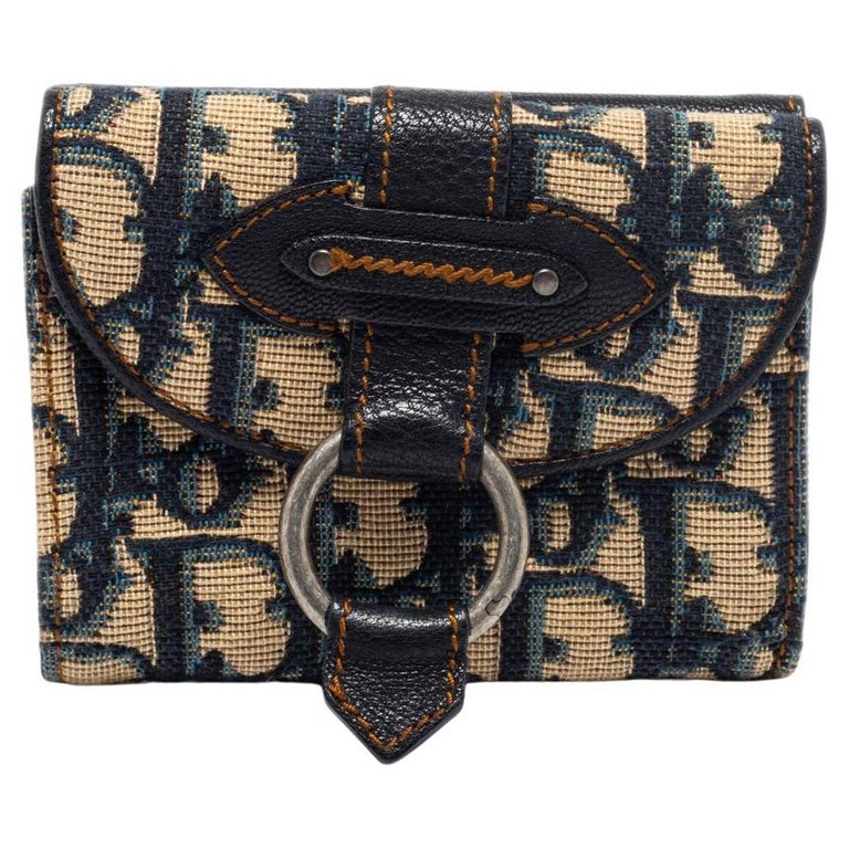 Dior Beige/Navy Blue Oblique Canvas And Leather Compact Wallet For Sale ...
