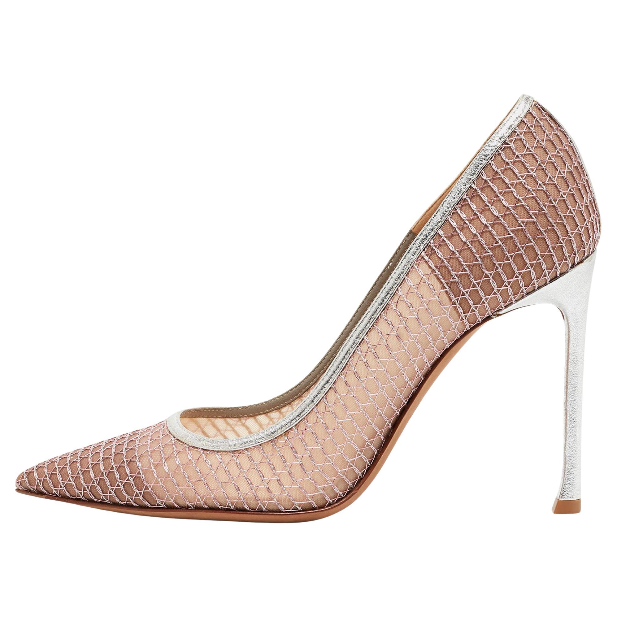 Dior Beige/Silver Leather Trim And Mesh Pointed Toe Pumps Size 37.5 For ...