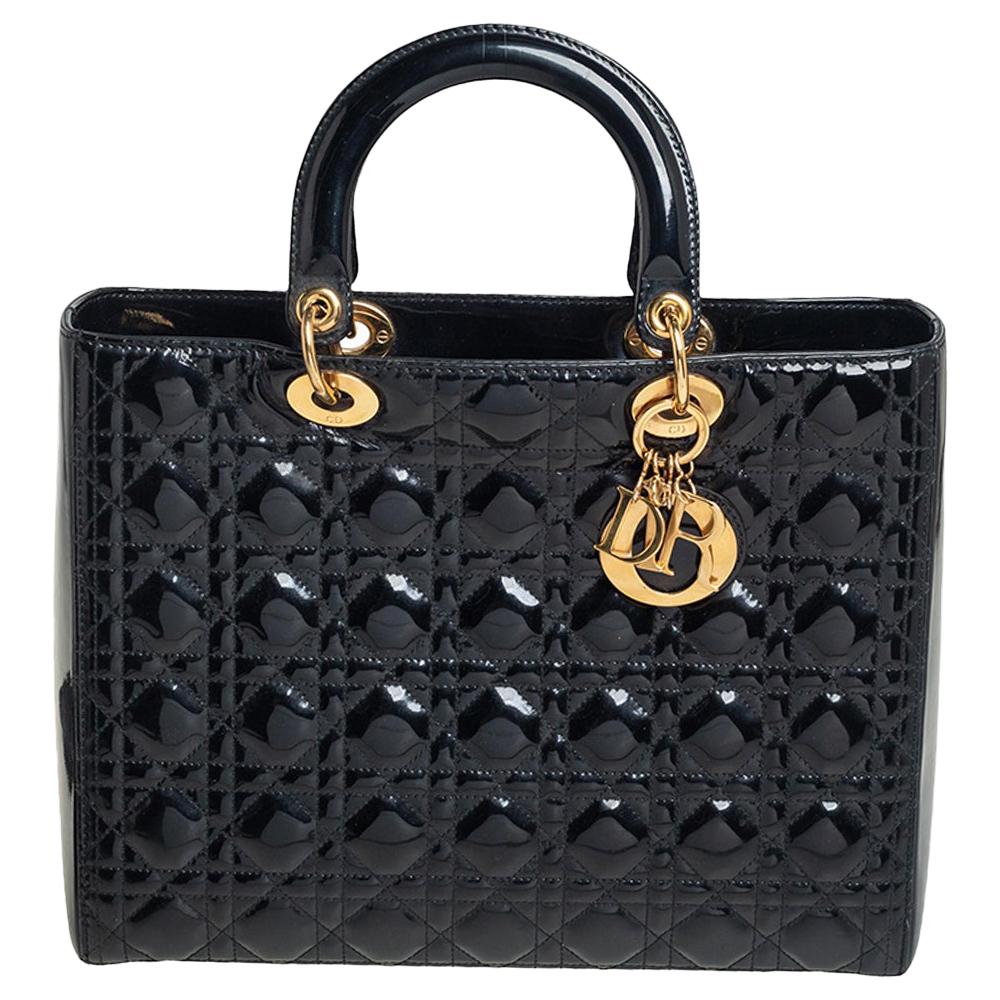Dior Black Cannage Quilted Patent Leather Medium Soft Lady Dior Tote at ...
