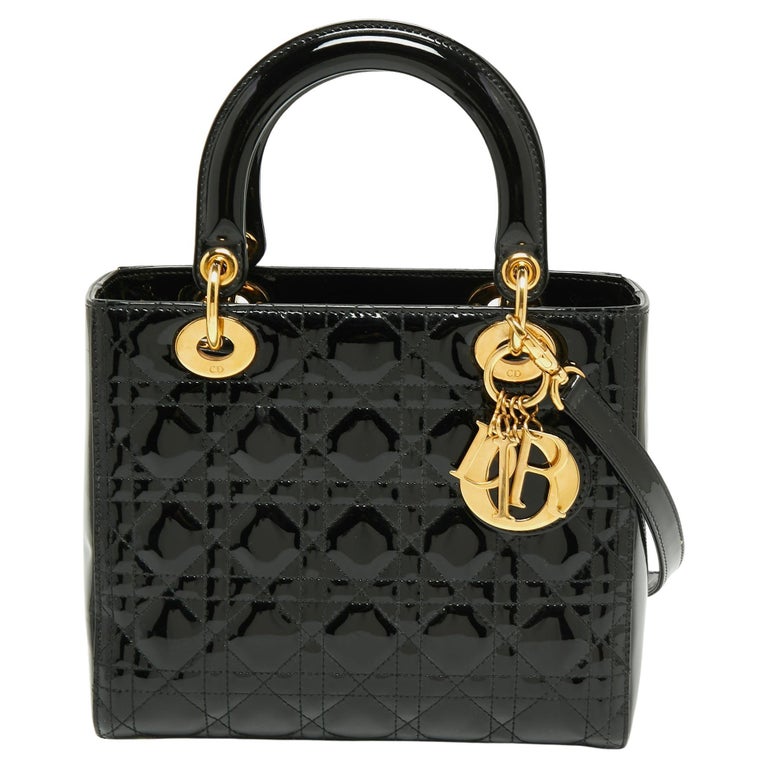 Dior Black Cannage Patent Leather Medium Lady Dior Tote at 1stDibs