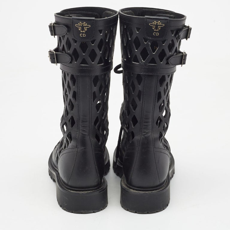 Dior Black Leather Laser cut Accents Combat Boots Size 37 For Sale at ...