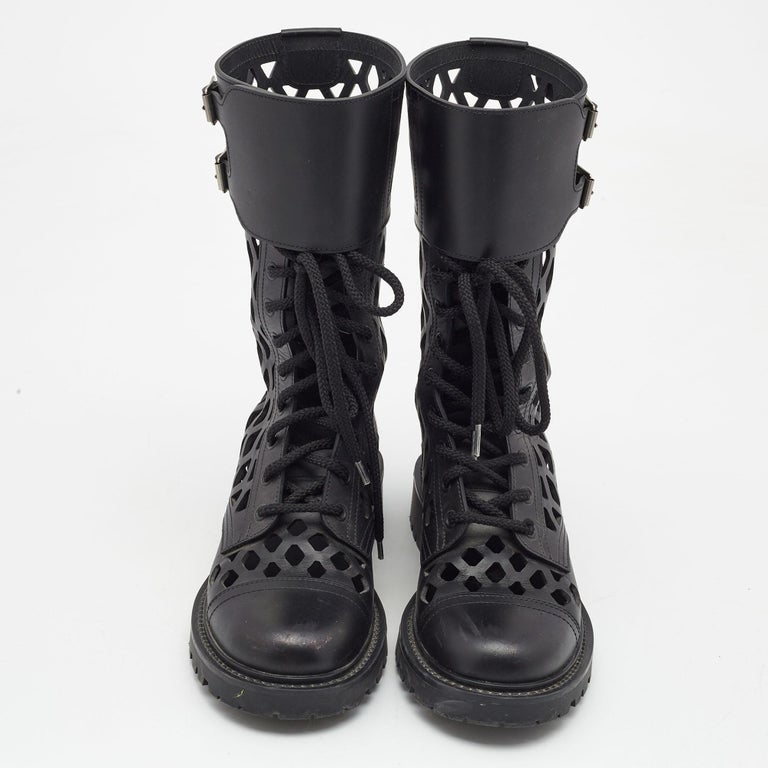 Dior Black Leather Laser cut Accents Combat Boots Size 37 For Sale at ...