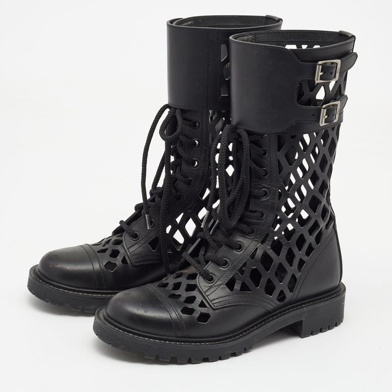 Dior Black Leather Laser cut Accents Combat Boots Size 37 For Sale at ...