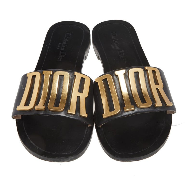 Dior Black Leather Logo Flat Sandals Size 40 at 1stDibs | dior flat sandals