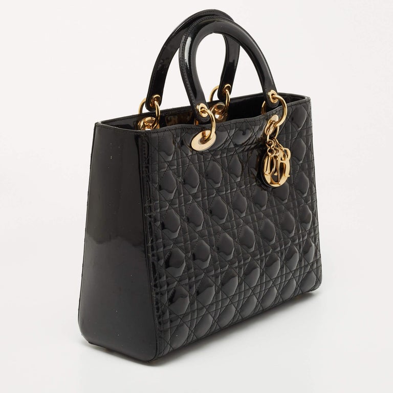 Dior Black Patent Cannage Leather Large Lady Dior Tote For Sale at 1stDibs