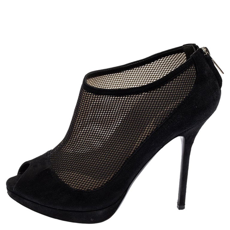 Dior Black Suede And Mesh Peep Toe Platform Booties Size 37.5 at 1stDibs